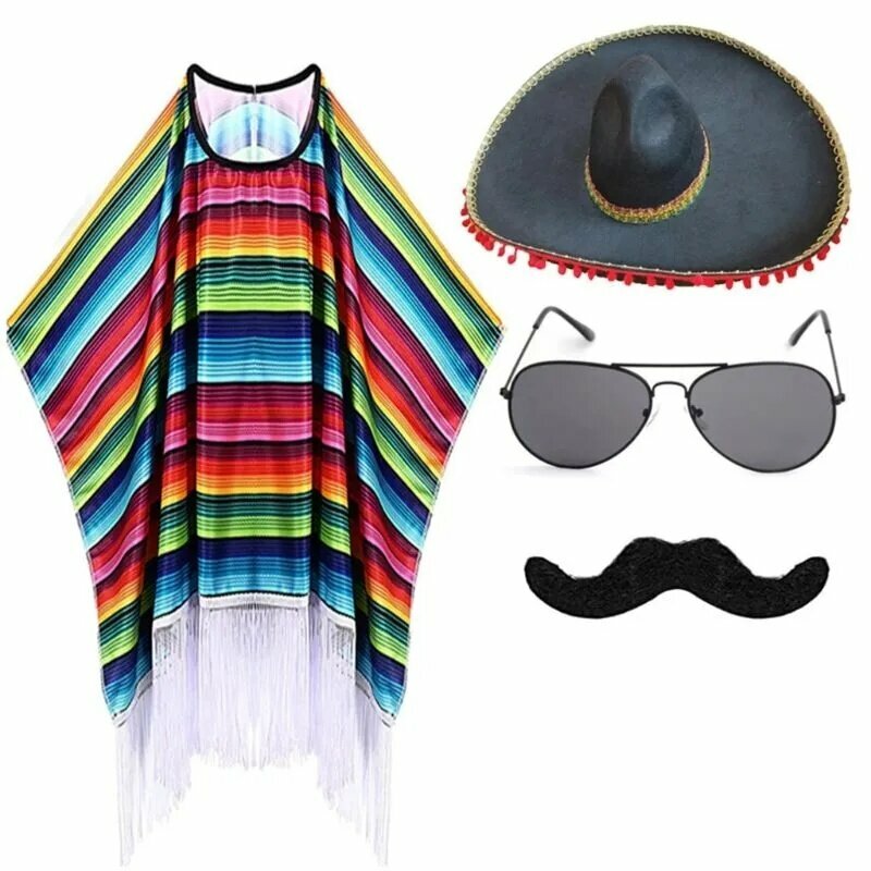 Полный комплект одежды для детской мексиканской тематической вечеринки, пончо, широкополая шляпа