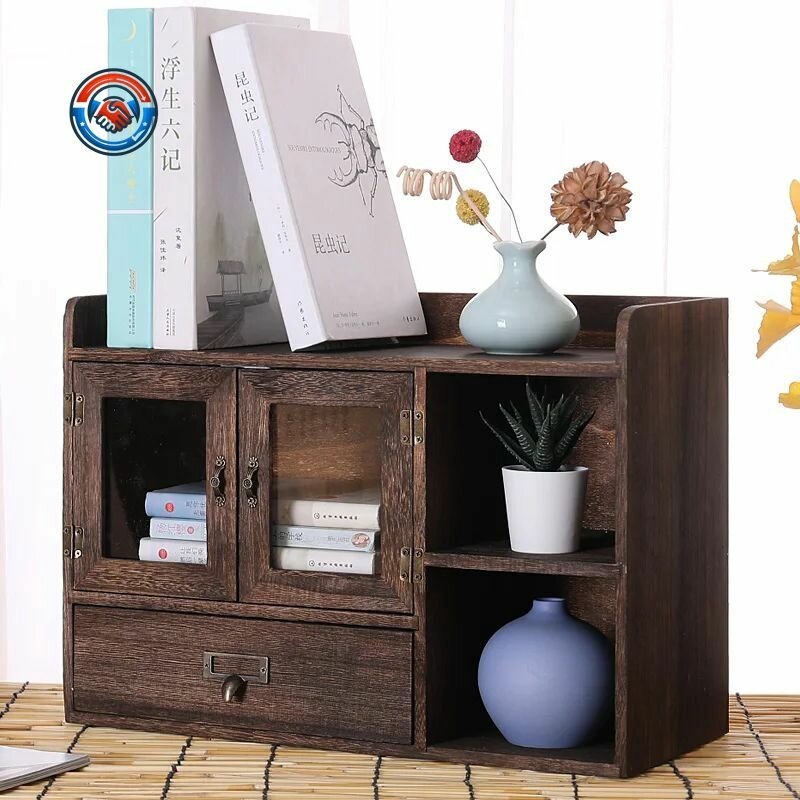 Тумба настольный органайзер из массива дерева с ящиками и стеклянными дверцами, компактный шкафчик для офиса, хранения посуды и косметики