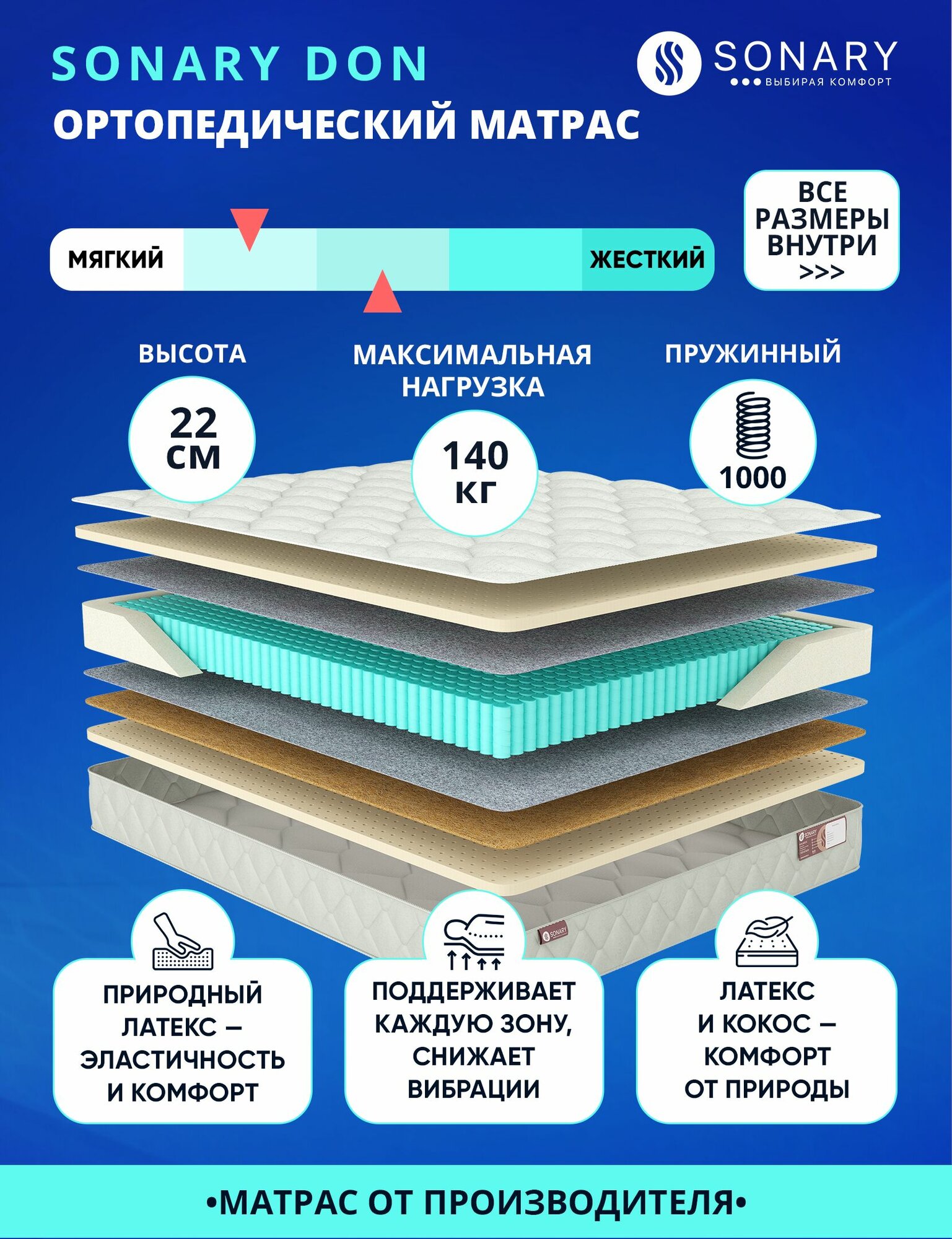Матрас Sonary Don 85х180 серии Flow высота 22 см анатомический средней жесткости кокосовый латексный Независимые