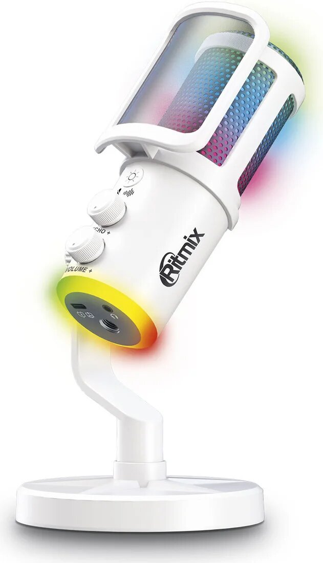 Проводной микрофон Ritmix RDM-178 USB Gaming (белый), конденсаторный, подключение USB Type-A/USB Type-C/3.5 мм