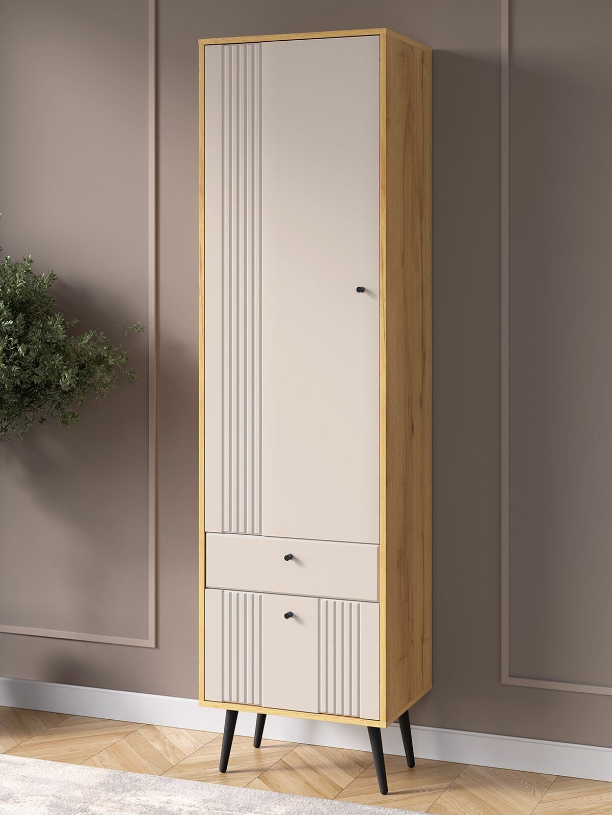 Шкаф-пенал для одежды Вега Саксония, однодверный, напольный в гостиную, на ножках, бежевый
