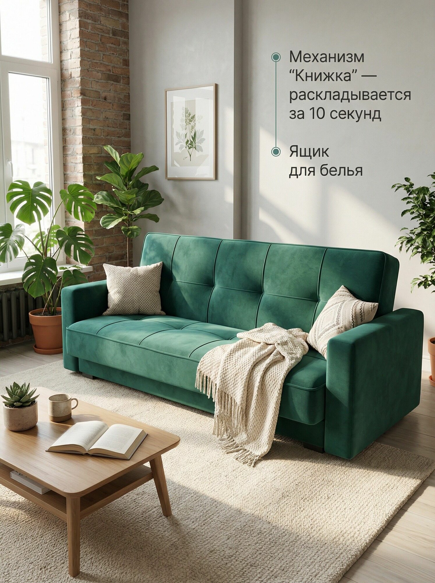 Диван-кровать раскладной прямой, Жасмин книжка, микровелюр Барс зеленый