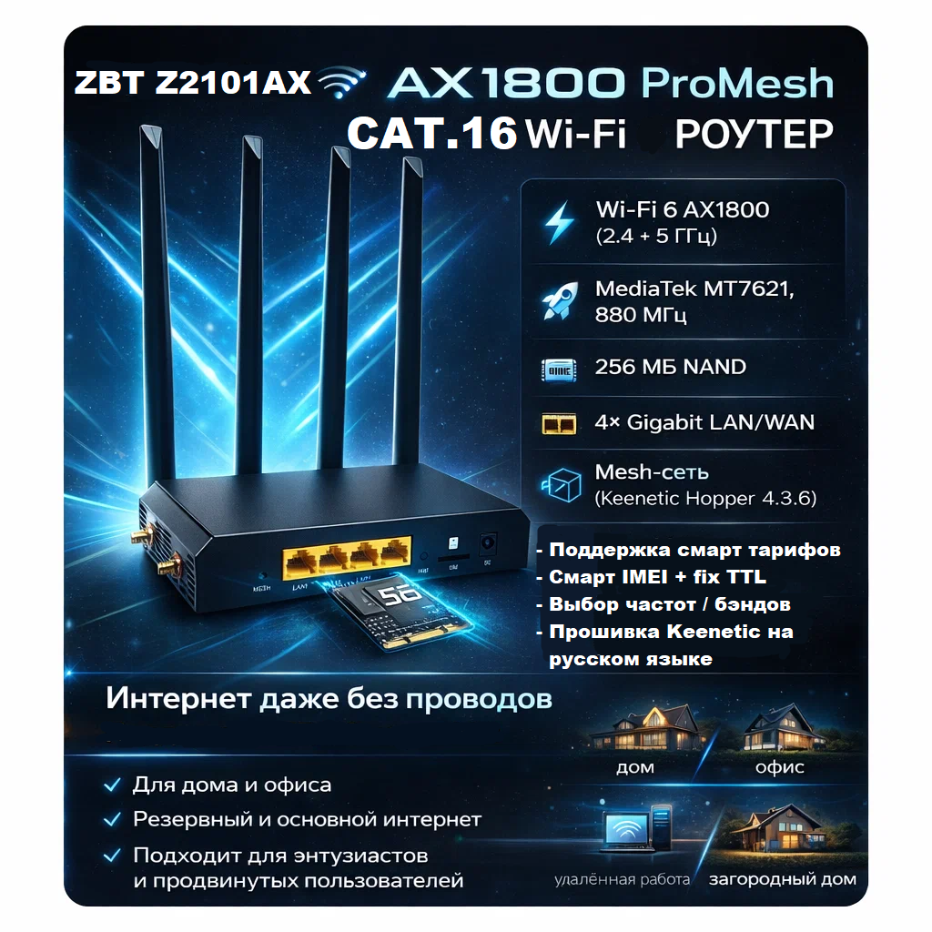 Прошитый WIFI роутер LTE+ 4G 3G ZBT Z2101AX Cat.16 Fibocom L860-GL с поддержкой сим карты MIMO 4x4 1000мбит/с WIFI6