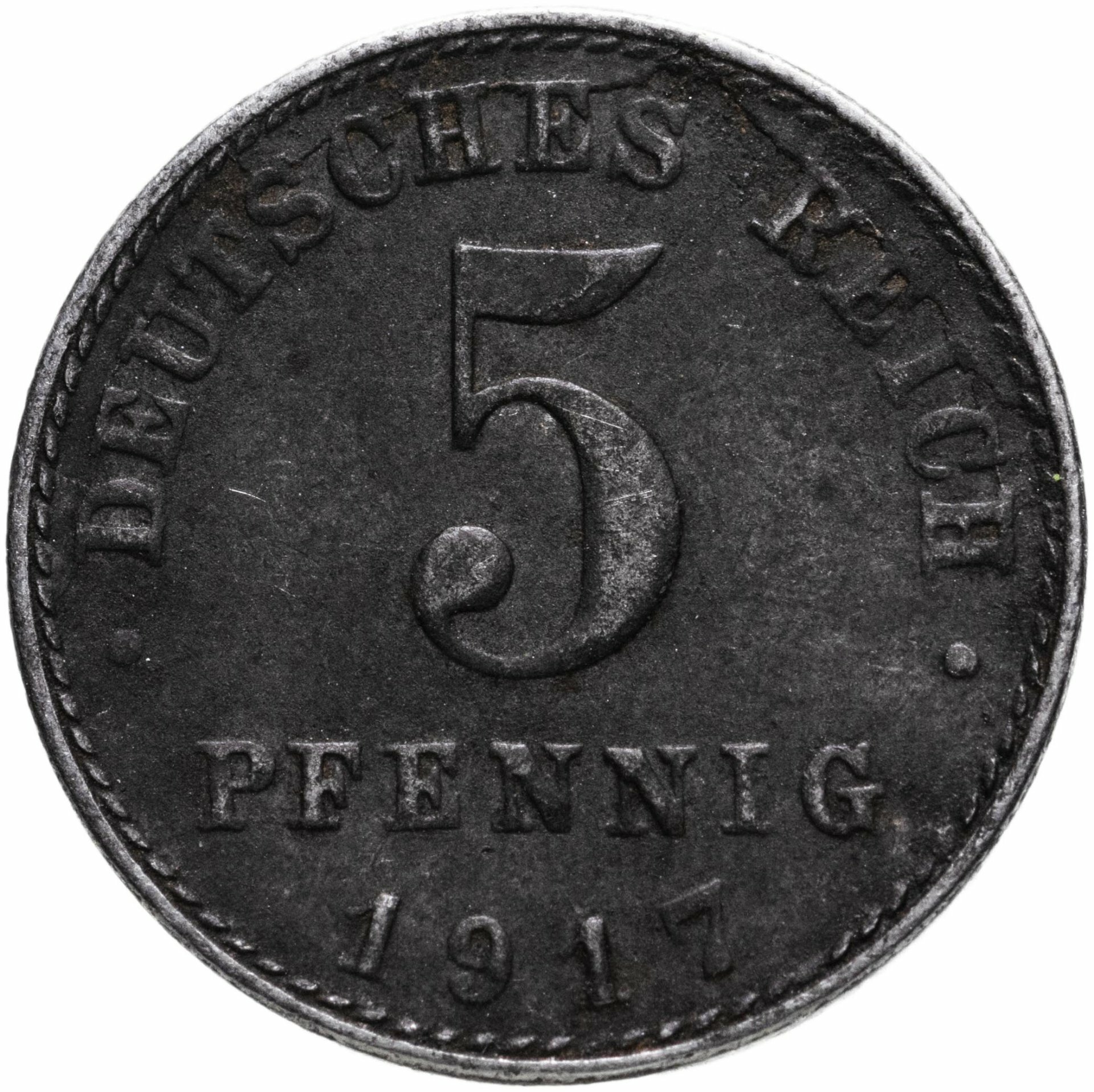 Германия 5 пфеннигов pfennig 1917, знак монетного двора: "A" - Берлин, Цинк, в сохранности F