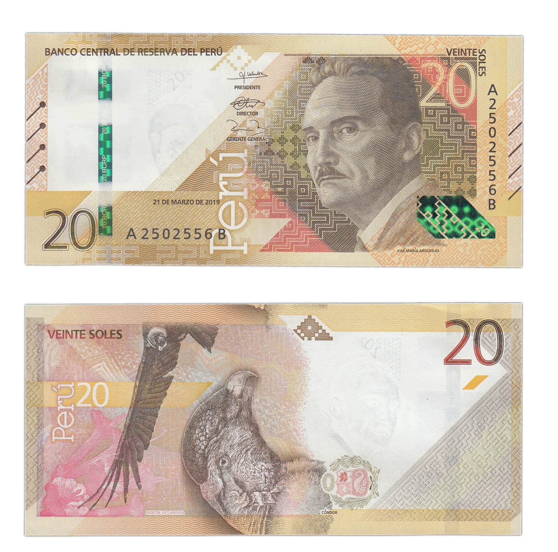 Перу - 20 соль 2019 2022 Кондор, герб, цветок Кантута священный цветок инков" Р-W197