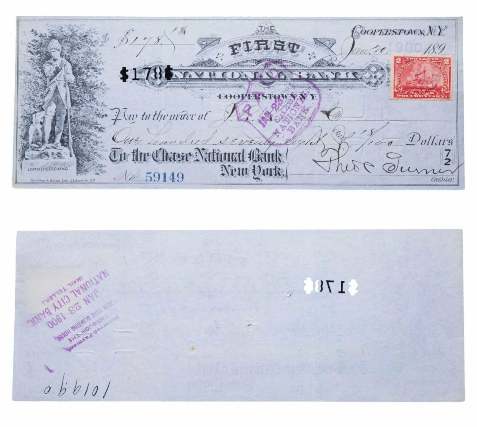 США чек Нью-Йорк Первый Национальный банк 1900 с маркой