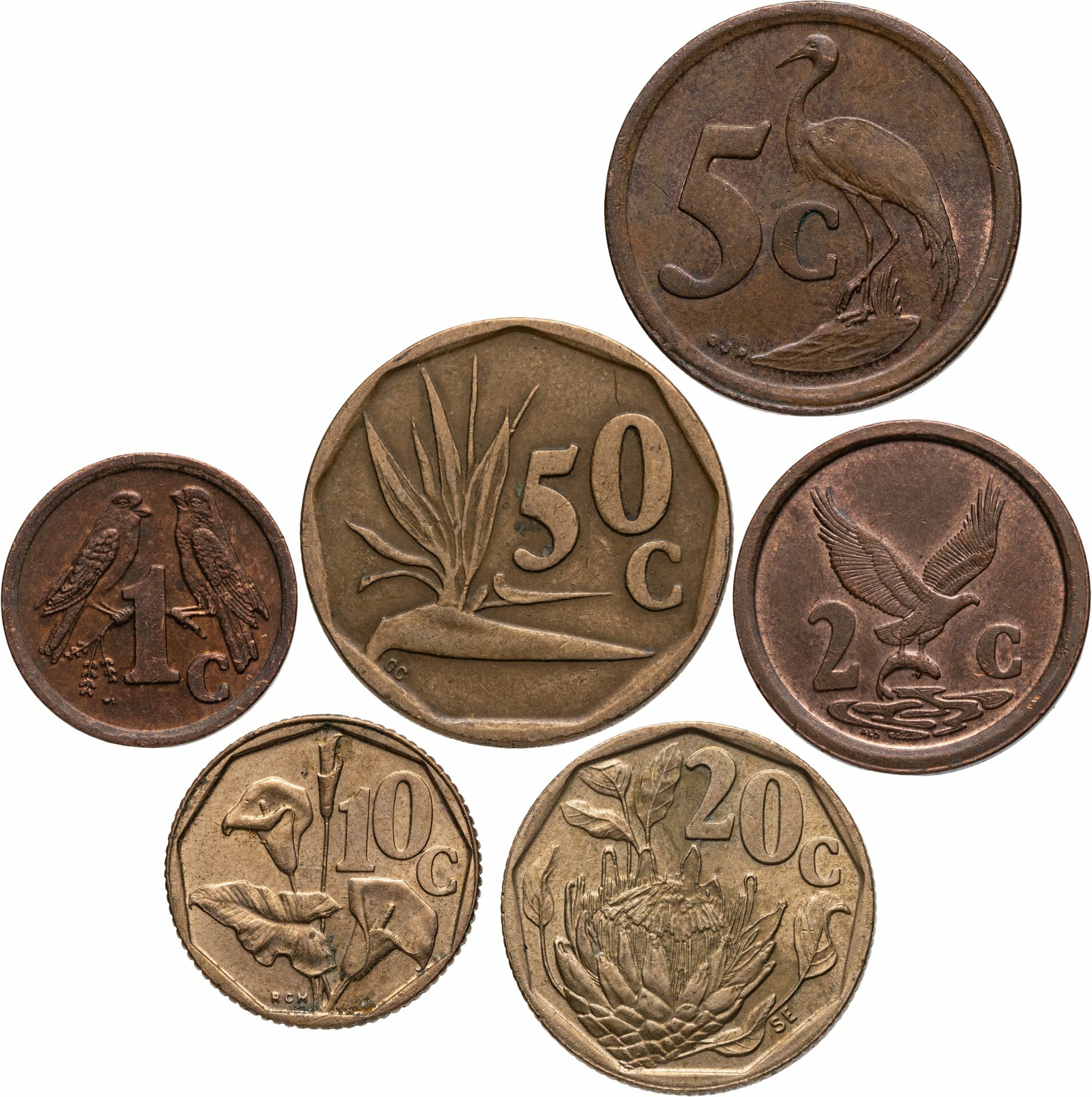 ЮАР набор монет 1990-1995 6 штук Флора и Фауна, Сталь с медным покрытием, Сталь с бронзовым покрытием, в сохранности VF-XF