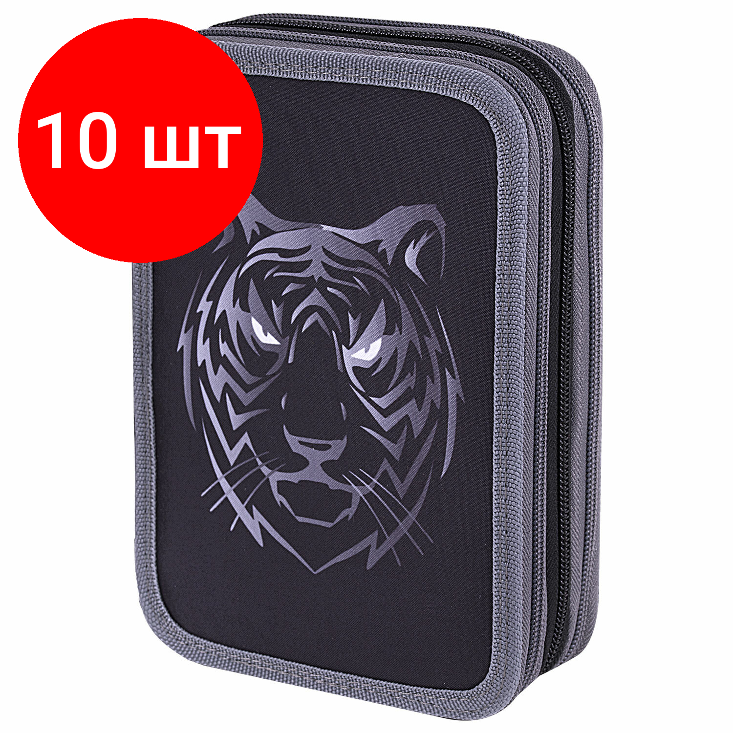 Комплект 10 шт, Пенал BRAUBERG, 3 отделения, полиэстер, 21х14 см, "Tiger", 271551