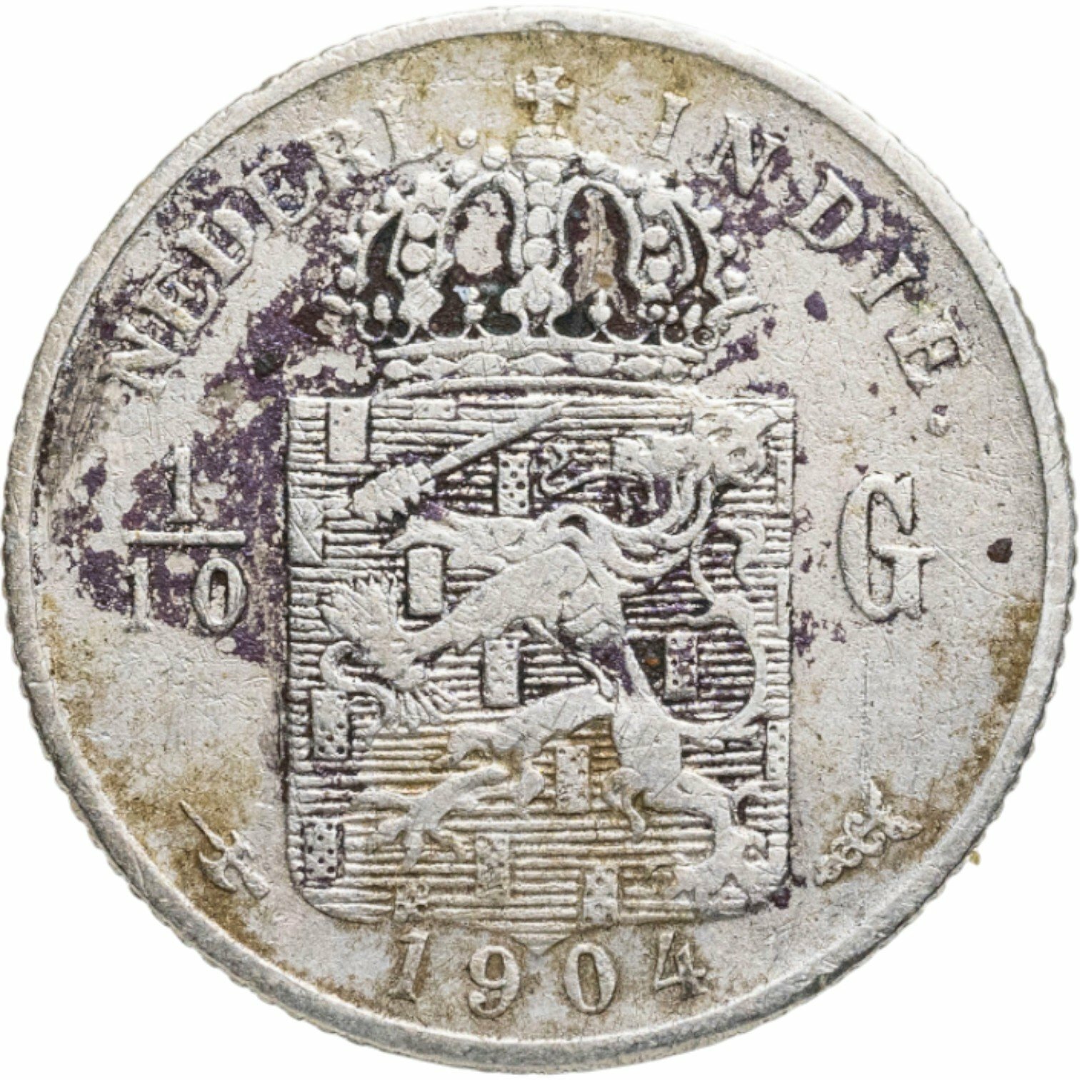 Голландская Ост-Индия 1/10 гульдена gulden 1904, Серебро 720, в сохранности F-VF