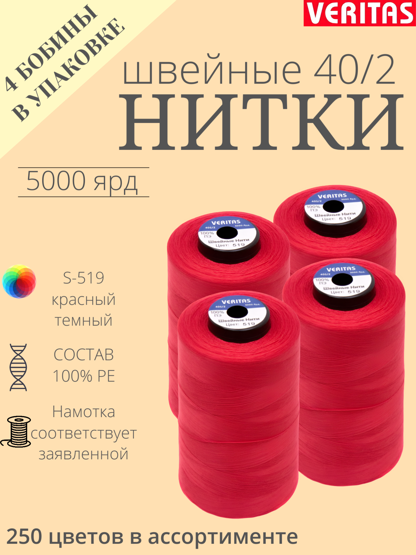 Нитки швейные 40/2 набор 4 бобины VERITAS S-525, намотка 5000ярд