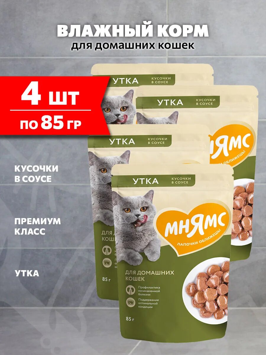 Корм влажный Мнямс для взрослых кошек живущих дома, утка в соусе, 85 г х 4 шт