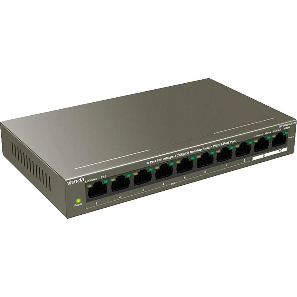 Коммутатор Tenda TEF1110P-8-102W 10/100 Мбит/с + 2 Гбит с 8 портами PoE, 1874666