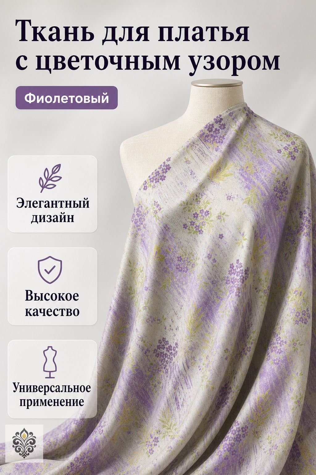Ткань для платьев и ханфу с цветочным жаккардом: фиолетовая, 164 см ширина, 149 г/м