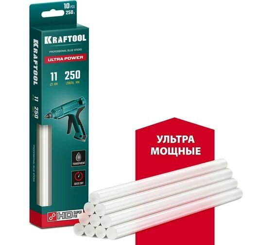 Ультрамощные прозрачные клеевые стержни KRAFTOOL Ultra Power 10 шт, 11x250 мм 06848-10