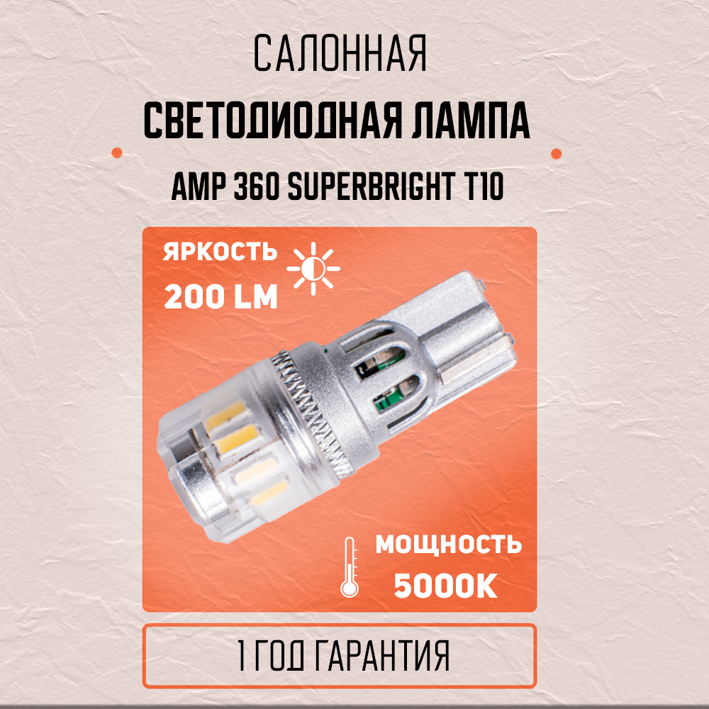Лампа автомобильная AMP, светодиод габаритный 360 SuperBright T10