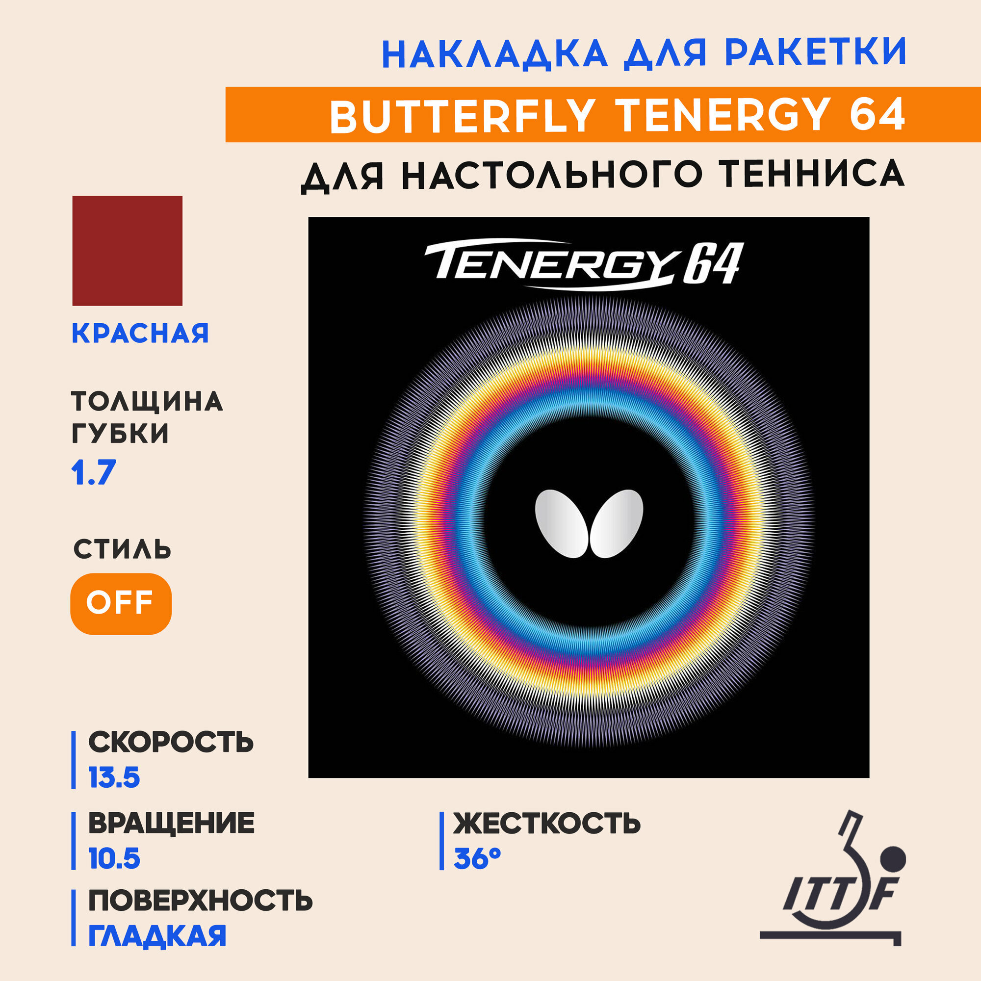Накладка для ракетки настольного тенниса Butterfly Tenergy 64 (цвет красный, толщина 1.7)