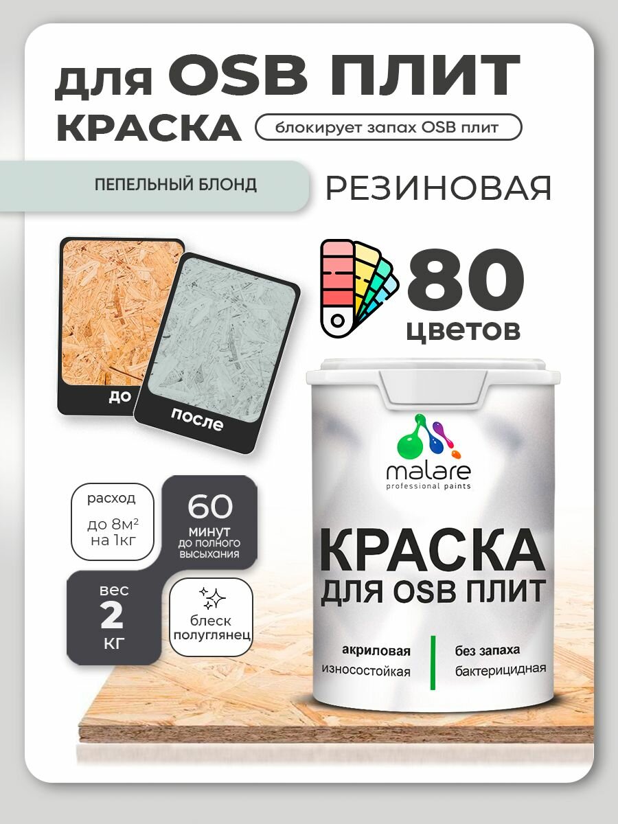 Резиновая краска для ОСБ плит Malare акриловая краска для дерева для наружных и внутренних работ, быстросохнущая без запаха полуглянцевая, пепельный блонд, 2 кг