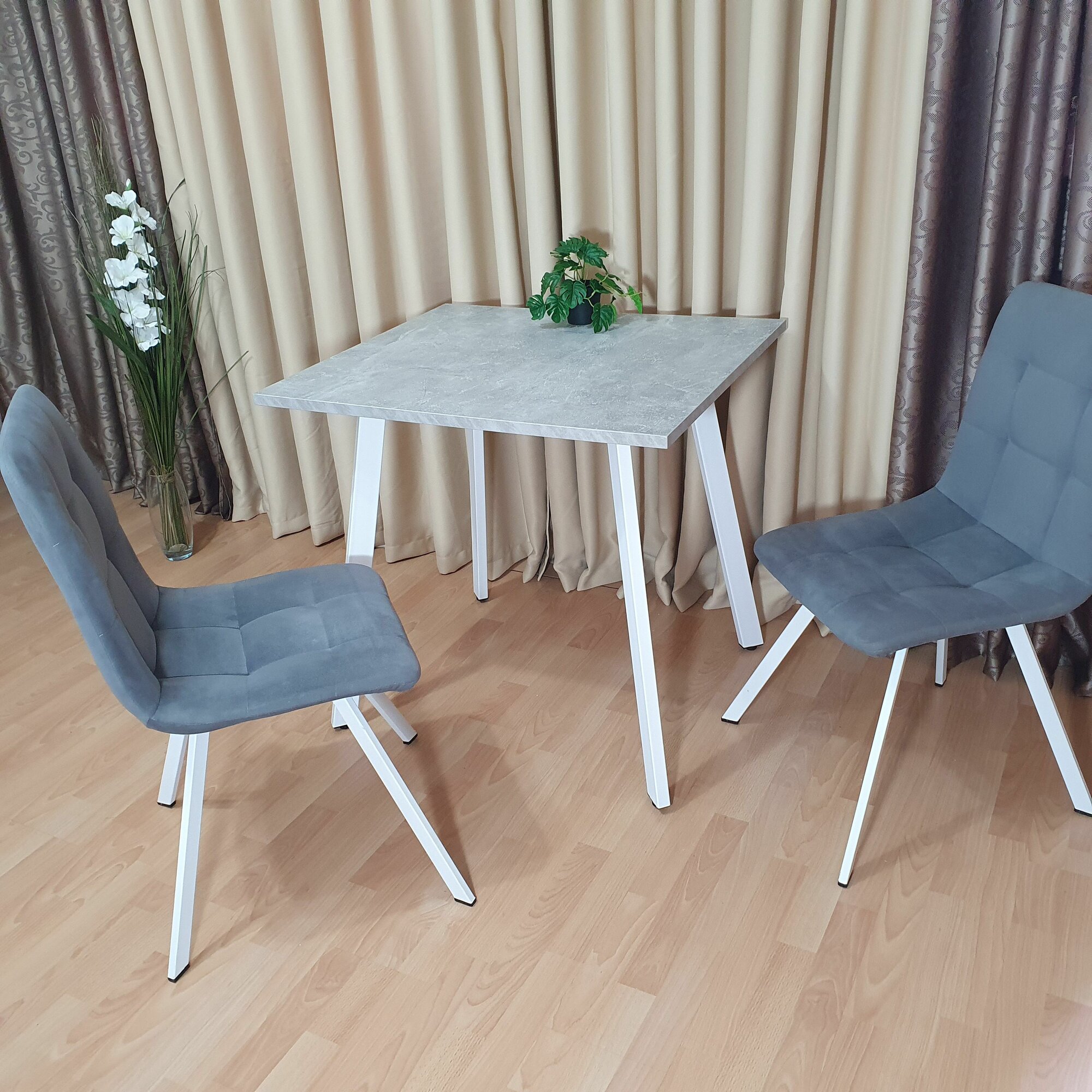 Кухонный стол Ник 80 * 80 см. Бетон светлый. Белые ножки