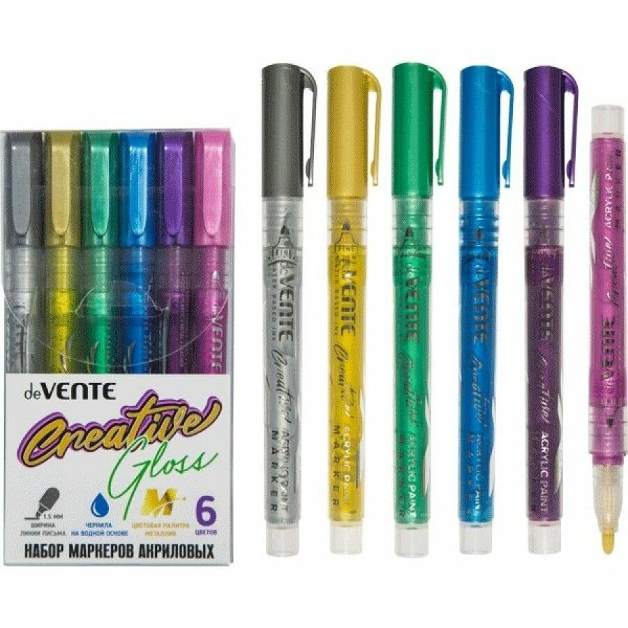 Набор акриловых маркеров deVENTE 6 цветов, Creative Gloss Metallic 1,5 мм, пылевидные, пластиковая упаковка