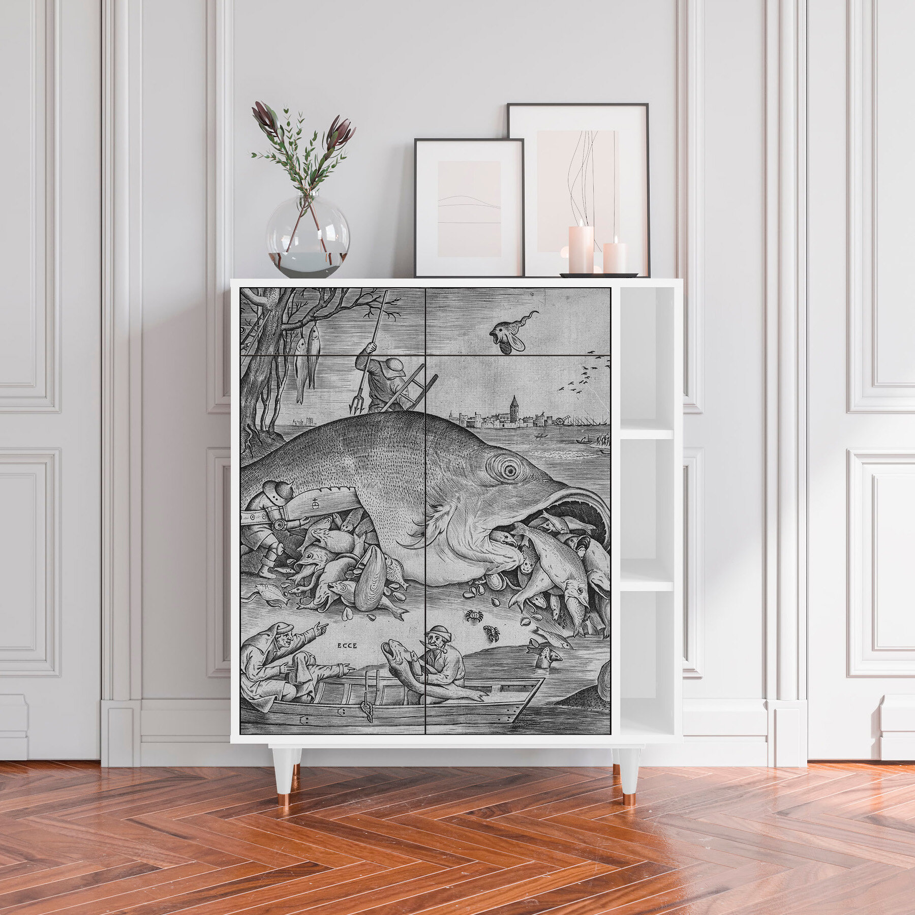 Комод - STORYZ - BS6 Big Fish Eat Little Fish by Pieter Bruegel, Размер - 94 x 110 x 41 см, Цвет корпуса - , Белый