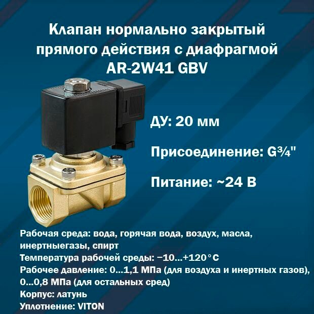 Клапан соленоидный нормально закрытый AR-2W41 GBV (Ду 20 мм, G3/4", AC 24В)