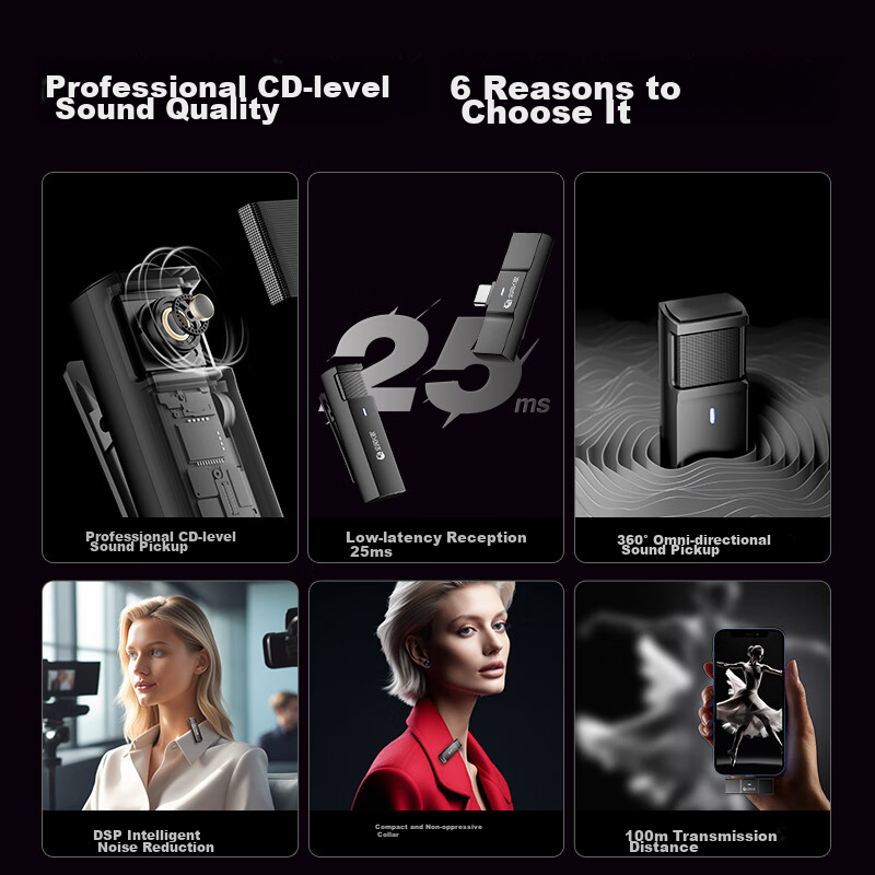 Quanmin K Ge Wireless Microphone, One-To Wireless Lavalier Microphone, for Mobile Phone, Camera, Interview, Vlog, Outdoor Live Streaming, Recording And Sound Pickup, MC13Lightning Port - Black