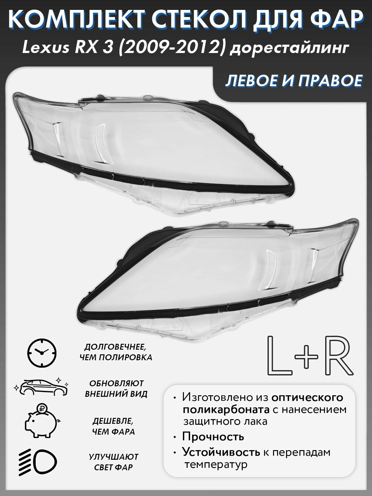 Стекло фары для Lexus RX 3 (2009-2012) дорестайлинг комплект левое+правое, поликарбонат 01-039-LR