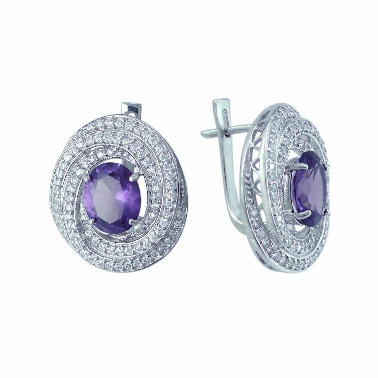 Серьги, серебро, 925 проба, родирование, александрит синтетический, фианит