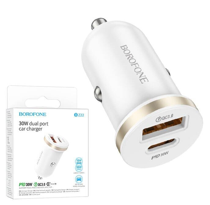 Автомобильная зарядка Type-C, USB Borofone BZ22, 30W, PD, QC3.0, белый