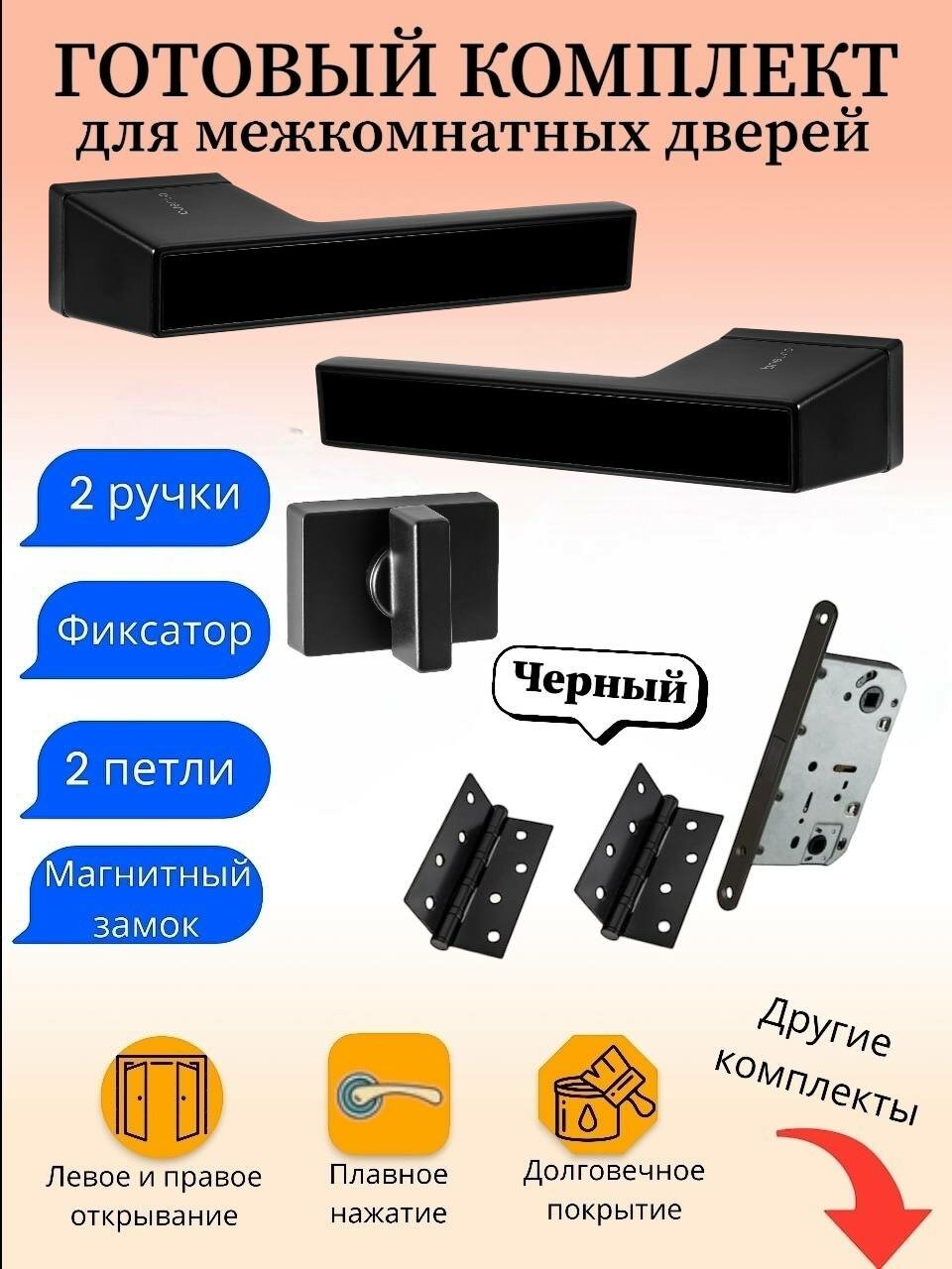 Ручка дверная межкомнатная PUERTO INAL_559-01_B/B_MAGWC, черный/черный (ручка + фиксатор + магнитный замок + 2 универсальные петли)