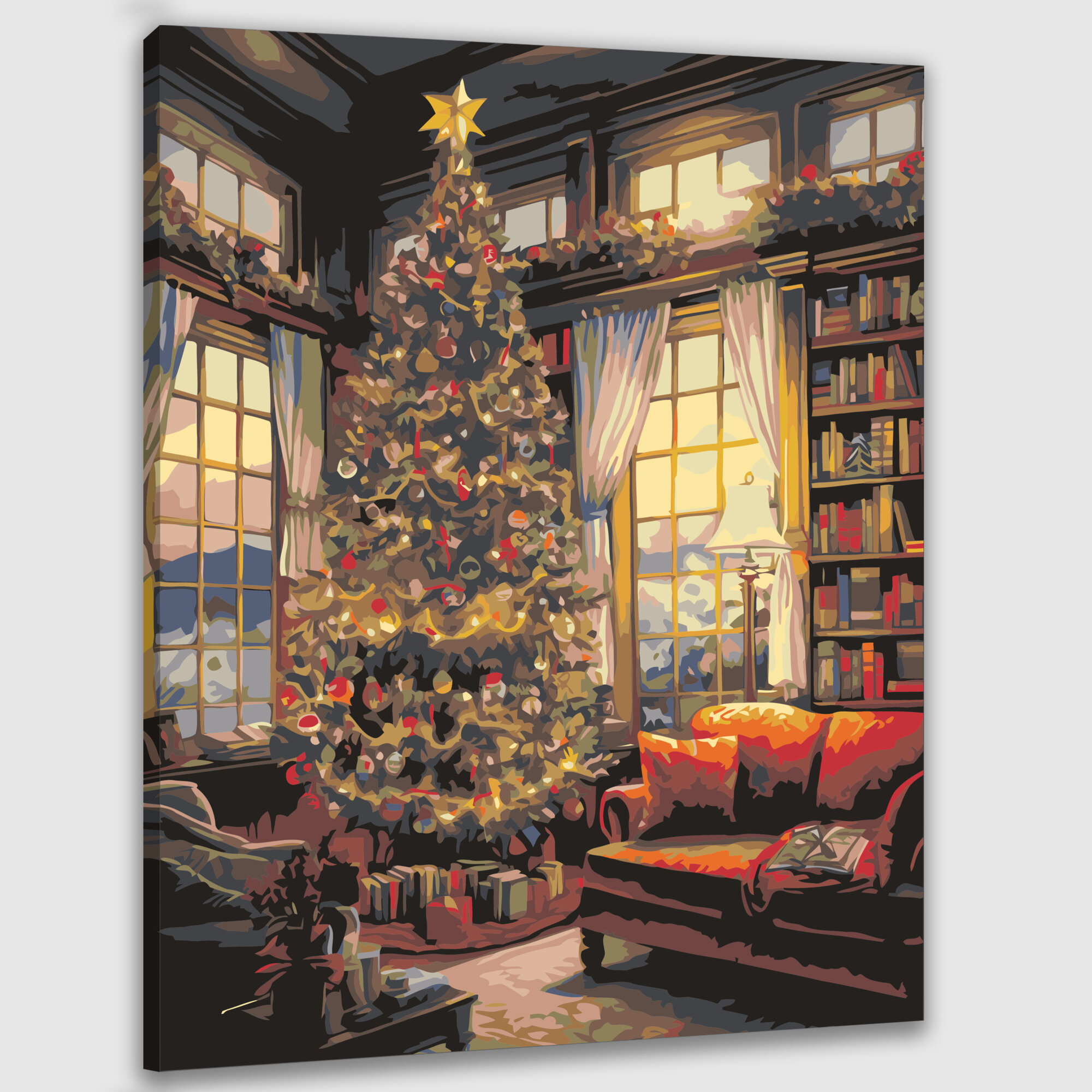 Картина по номерам 40x50 см, акварельная картина, гостинная, рождественские огни, украшенная елка, подарки, любовь