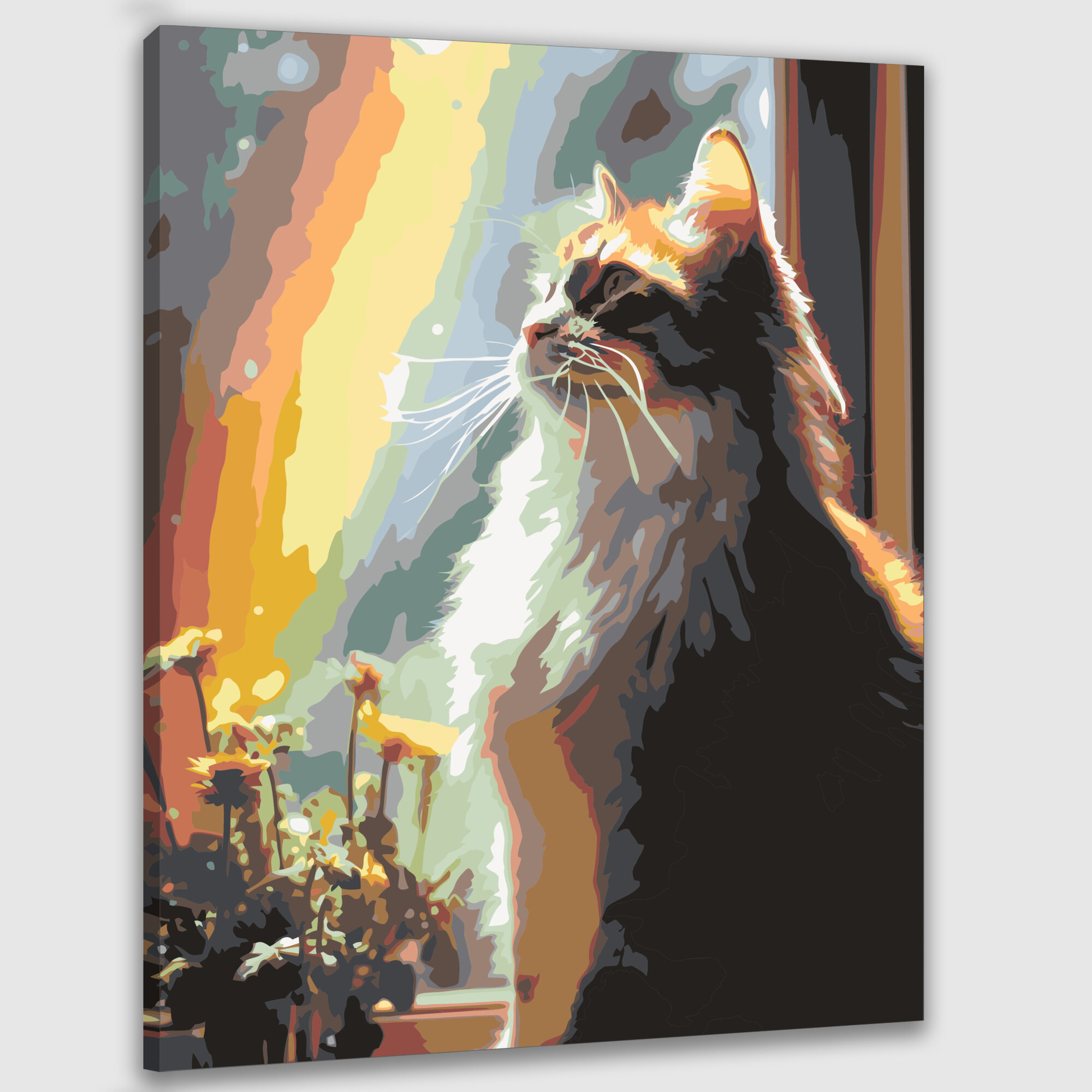 Картина по номерам 40x50 см, кошка, подоконник, солнечный свет, призма, радуга, мех