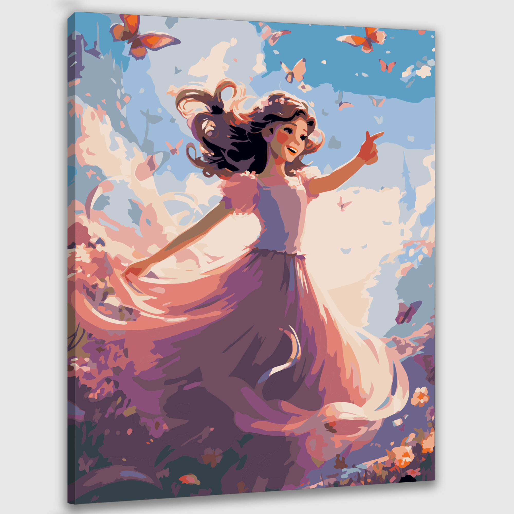 Картина по номерам 40x50 см, картина, девушка, розовое платье, волшебное поле, яркие цветы, смех, эхо, танец, бабочки