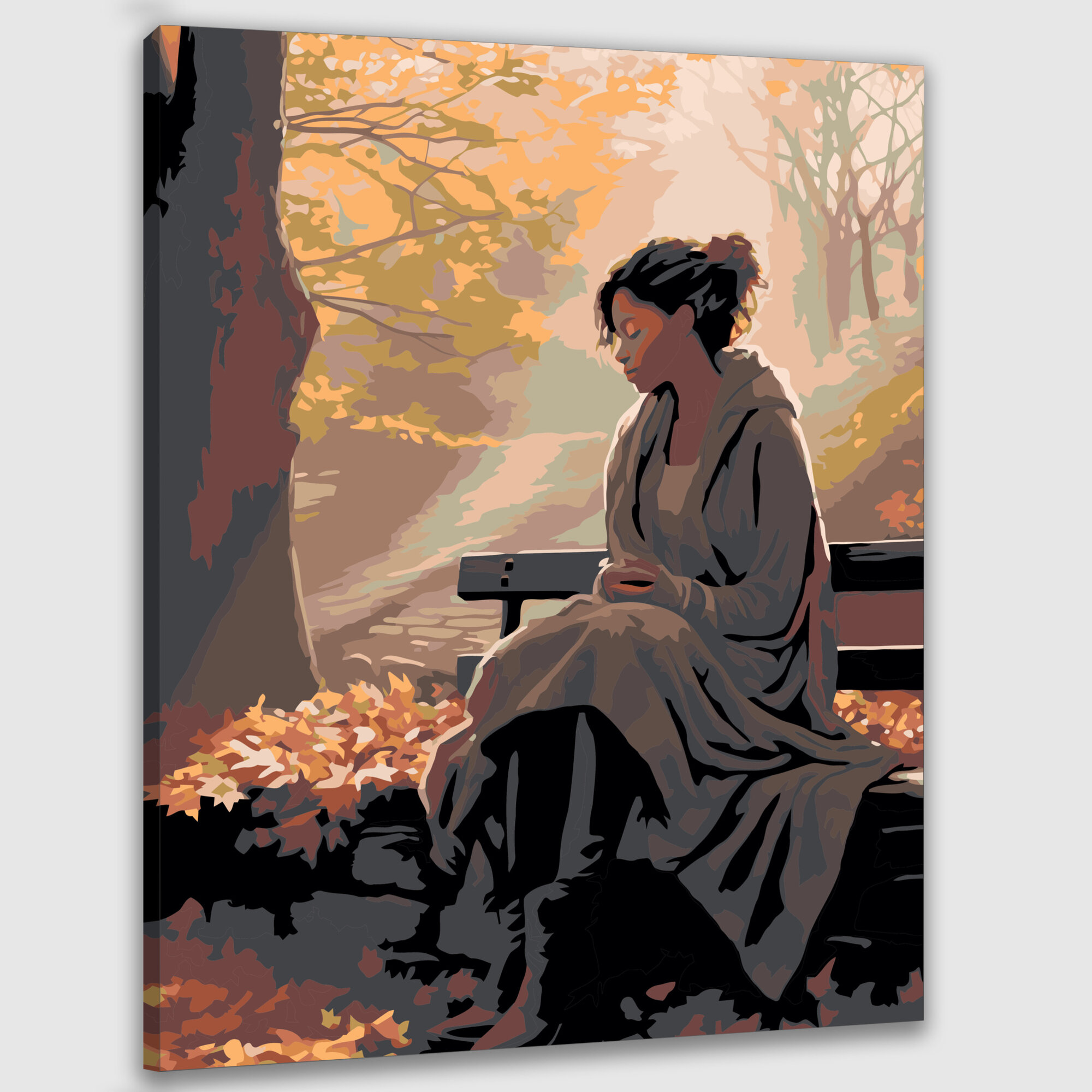 Картина по номерам 40x50 см, женщина, скамейка, парк, осень, солнечный свет, лицо, свитер, шарф, опавшие листья