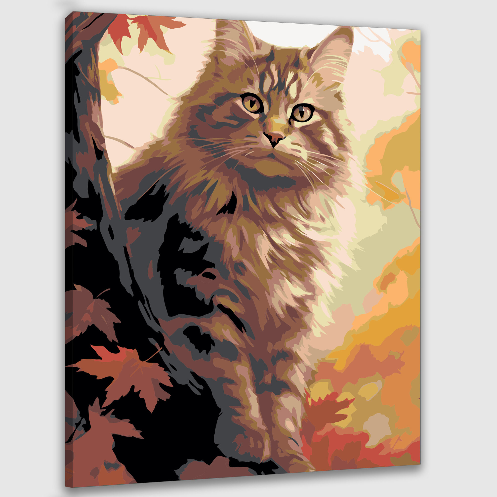 Картина по номерам 40x50 см, кошка, мейн-кун, уши, хвост, дерево, ветка, осенние листья, игривость