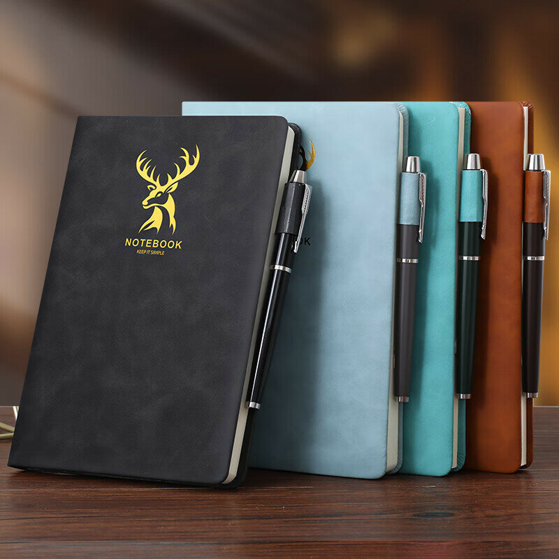 Faramon Notebook A5 Leather Cover Business Work Journal with Pen Holder, Thick Diary for Meetings And Record Keeping, Customizable Logo, A5-Black