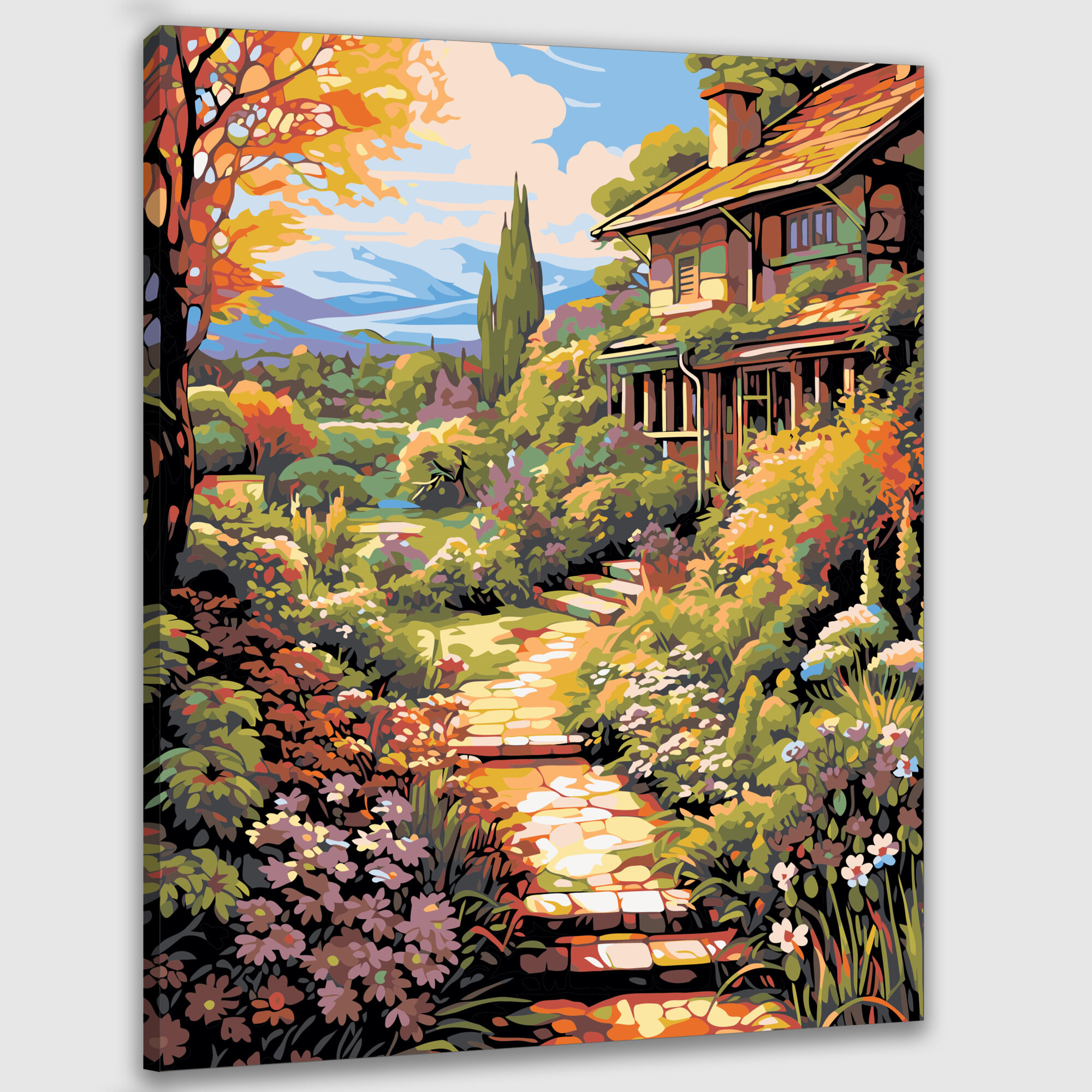 Картина по номерам 40x50 см, фотография, весенний сад, мозаика, клумбы, дорожки, яркие цвета, смешение цветов, гобелен