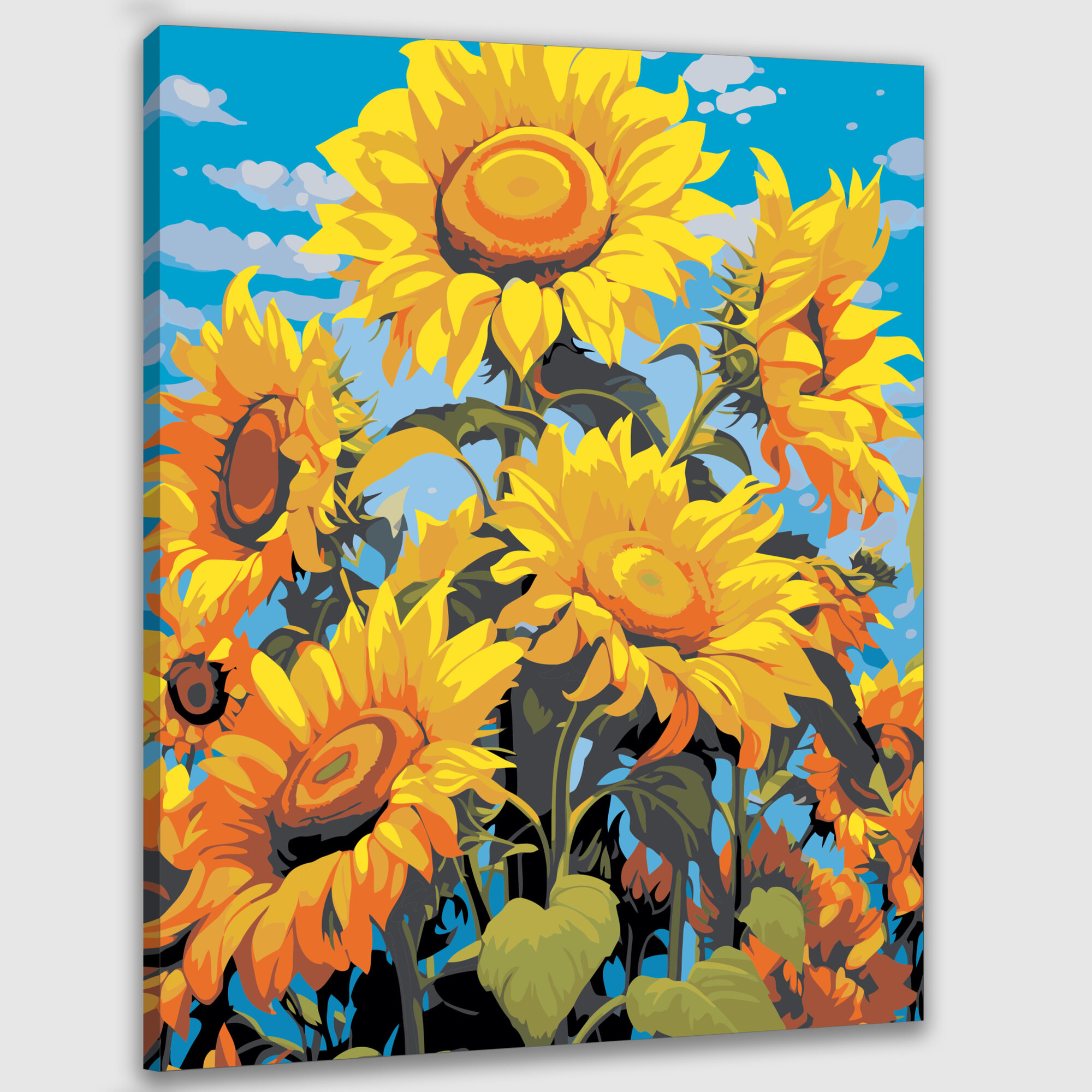 Картина по номерам 40x50 см, поля, подсолнухи, золотой час, желтые лепестки, золотистый свет, высокие стебли