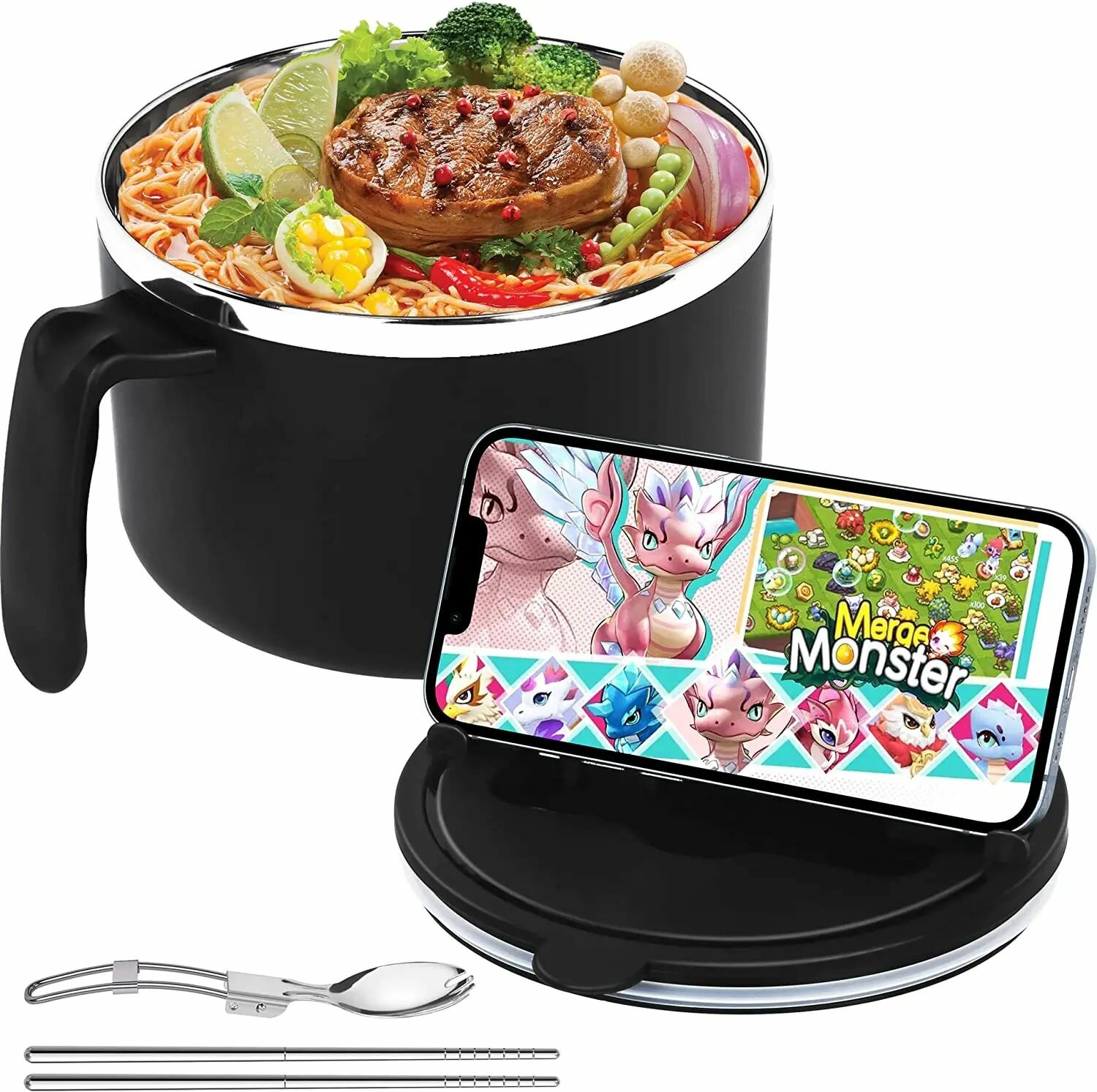 Набор мисок для лапши 1200 мл с крышкой, ложкой и палочками удобная и практичная посуда для супа, рамэна и риса