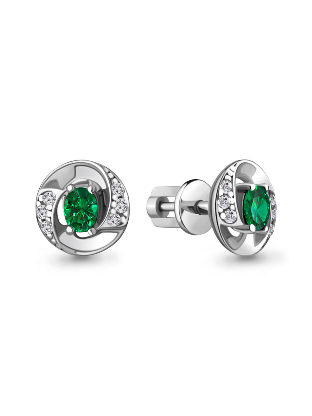 Серьги пусеты, серебро, 925 проба, изумруд синтетический, фианит