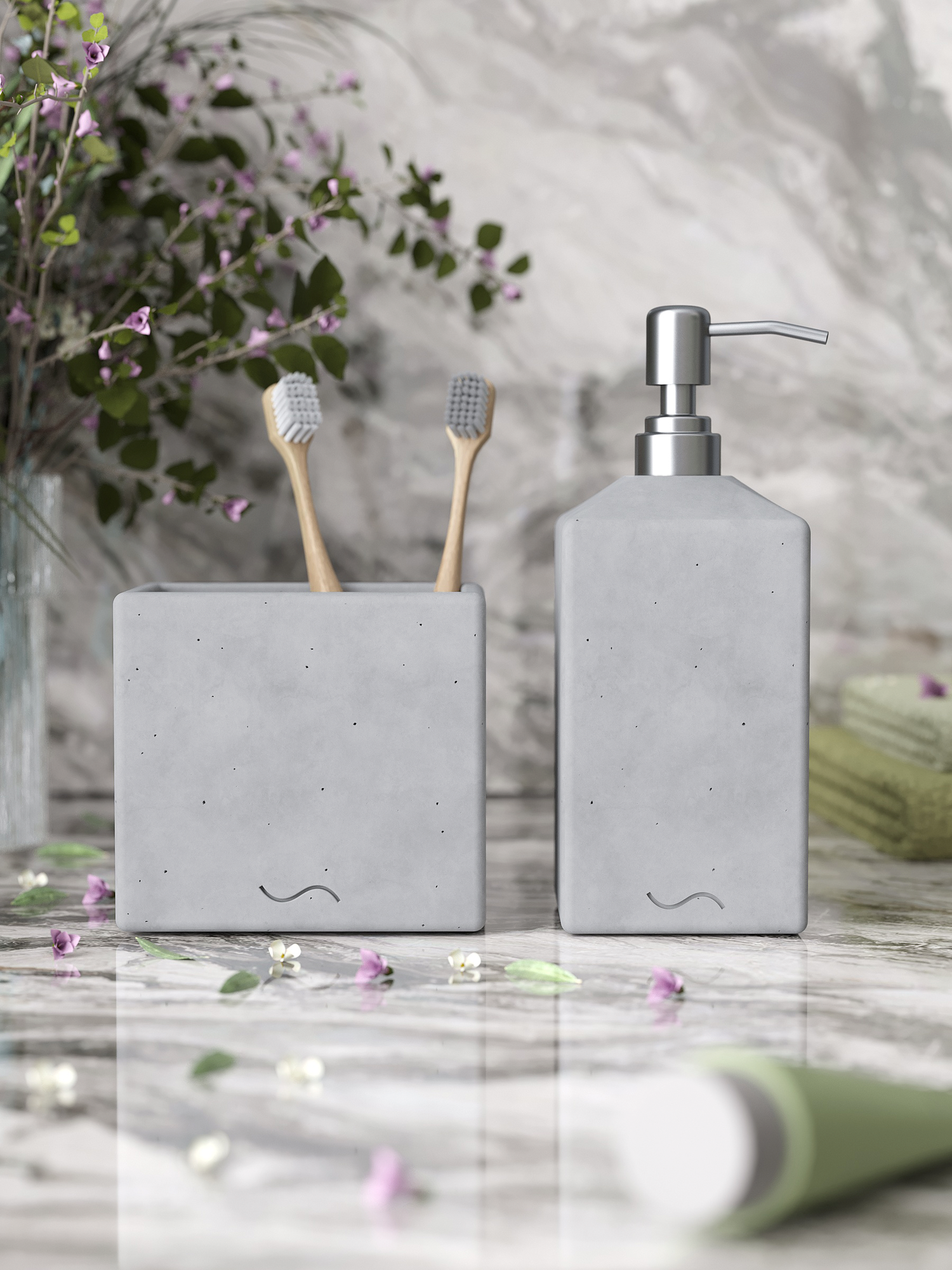 Набор для ванной Emily 12 (дозатор с металлической помпой, двойной стакан для зубных щеток), бетон, серый матовый