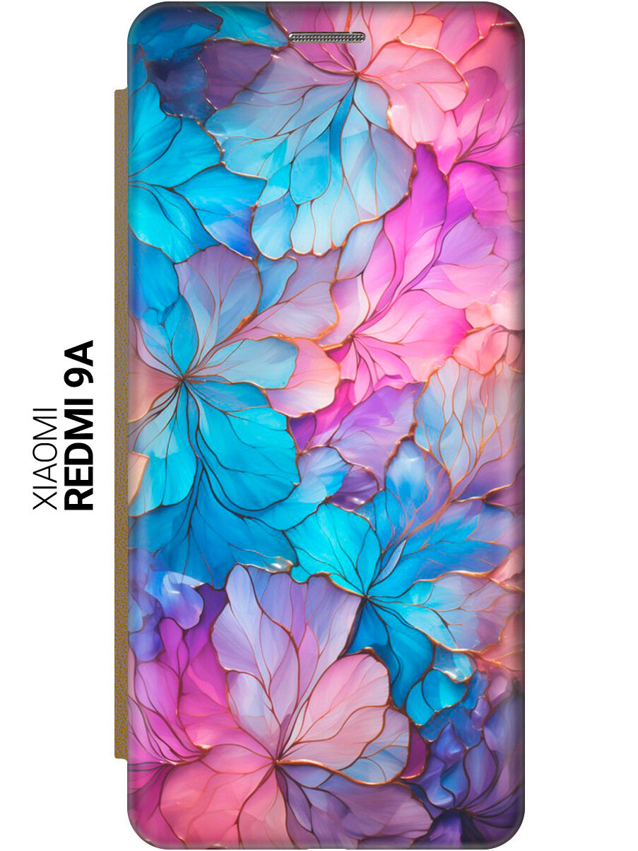 Чехол-книжка на Xiaomi Redmi 9A / Сяоми Редми 9А с рисунком "Цветочный витраж" золотой