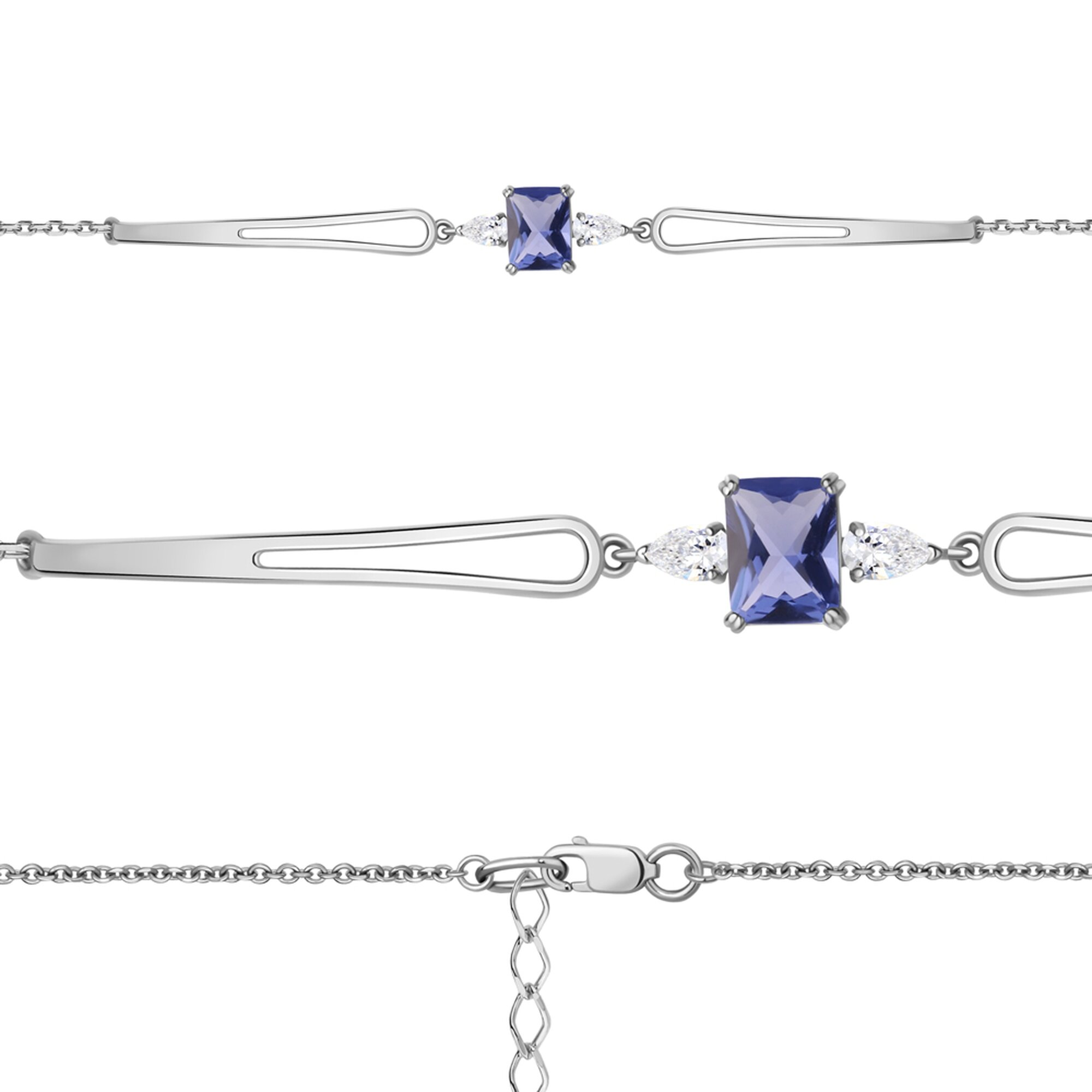 Жесткий браслет, серебро, 925 проба, родирование, танзанит, фианит