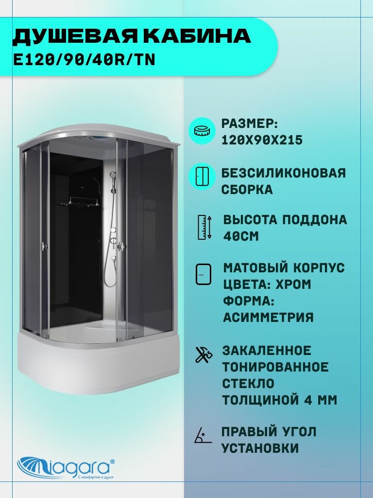 Душевая кабина Niagara Eco E120/90/40R/TN (120х90х215) высокий поддон(40см), стекло тонированное,4 места