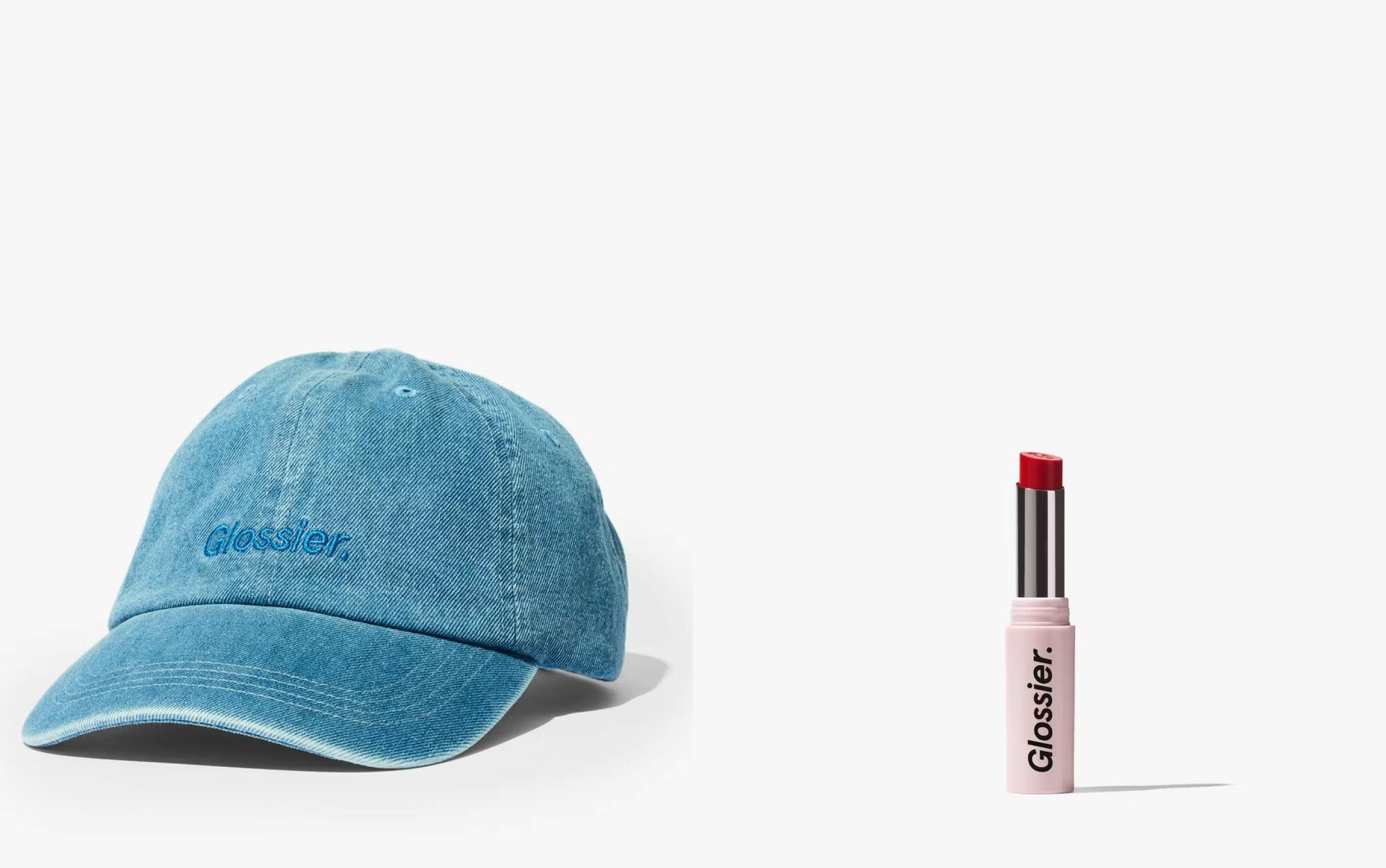 Glossier Набор блеск бальзам + кепка Ultra Cap Duo, Blue Denim + Fete is a watermelon red