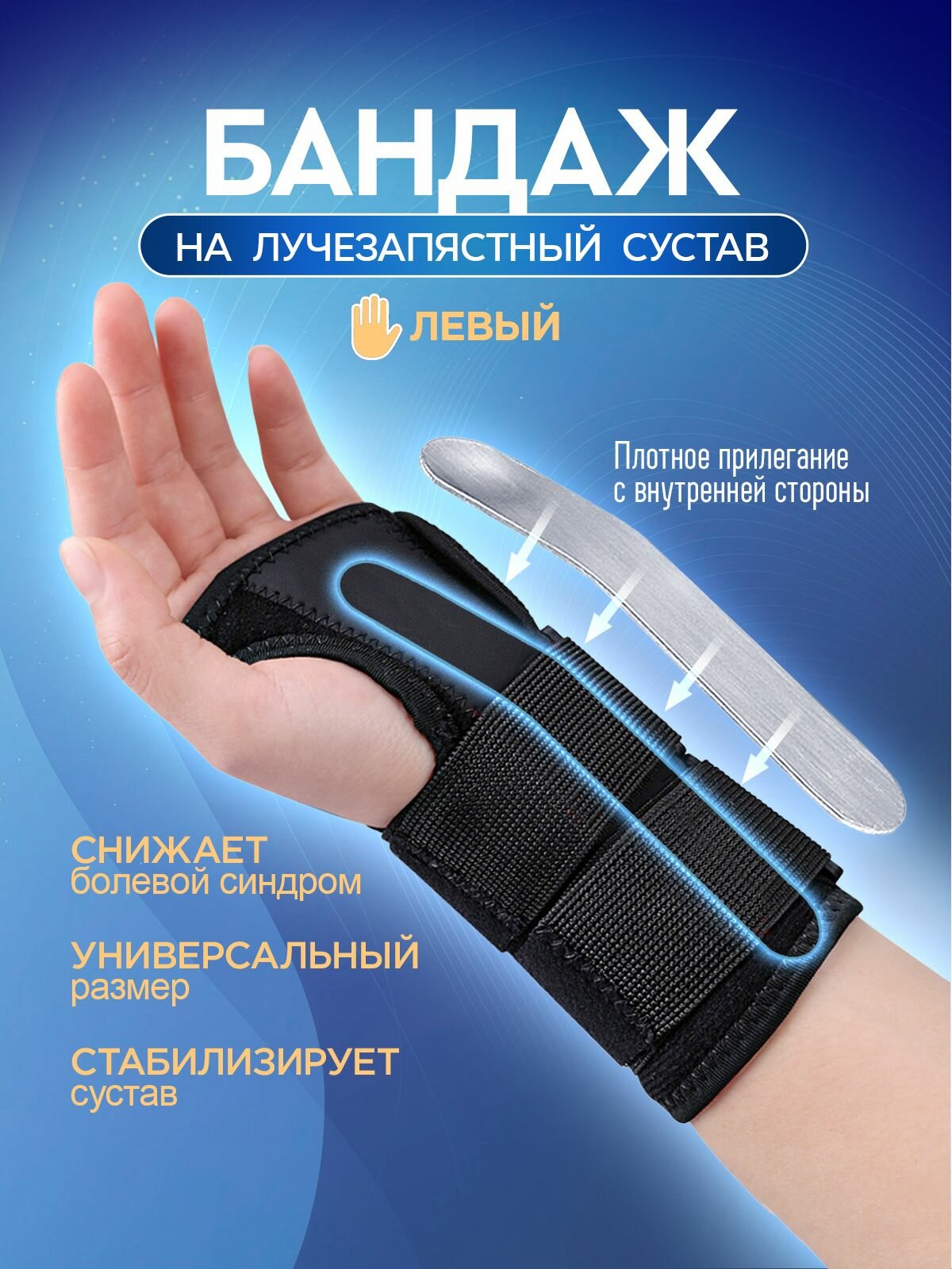 Бандаж на лучезапястный сустав левый / ортез для кисти / фиксатор запястья. Размер универсальный. Цвет черный