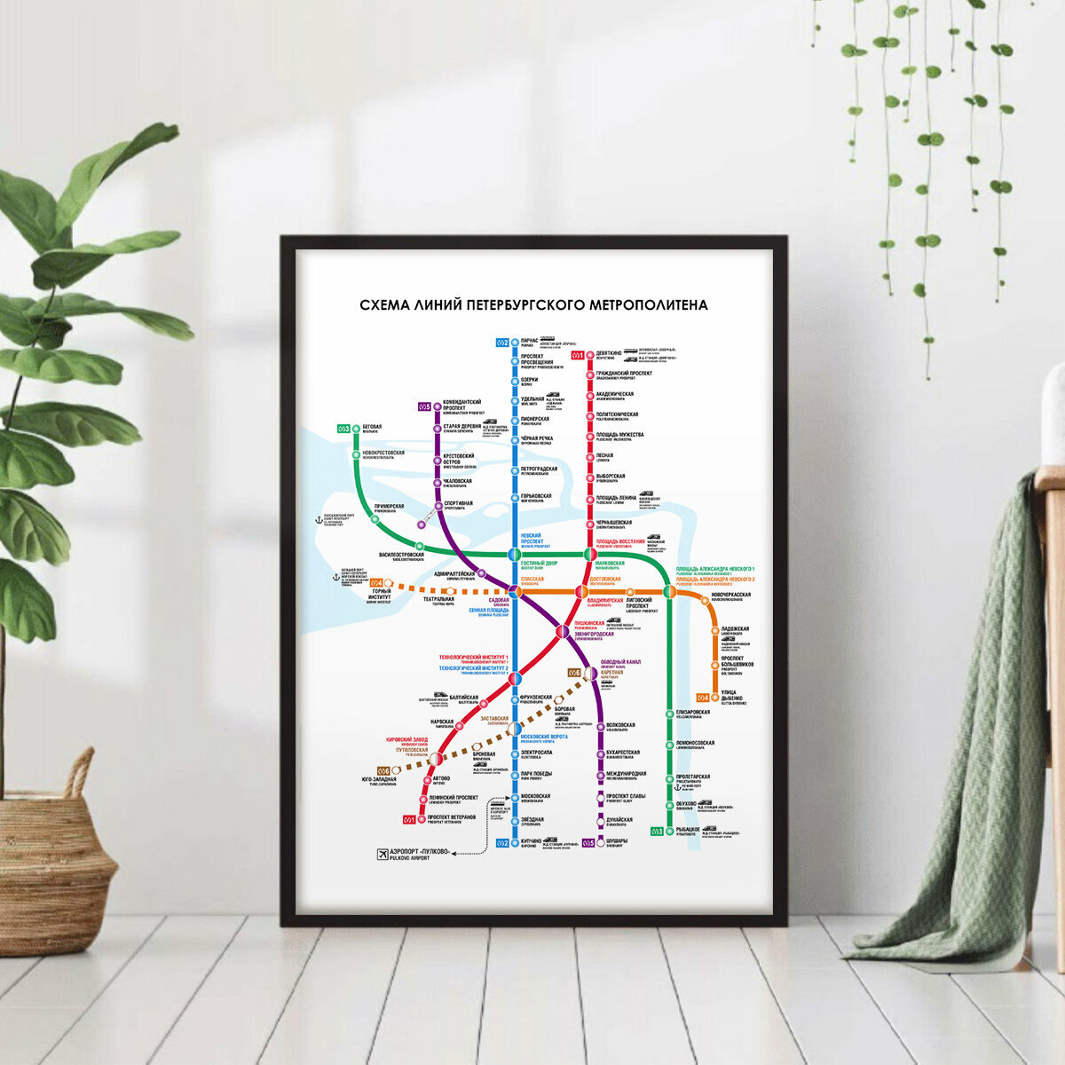Постер "Схема метро Санкт-Петербург" в черной рамке 50x70 см для интерьера на стену