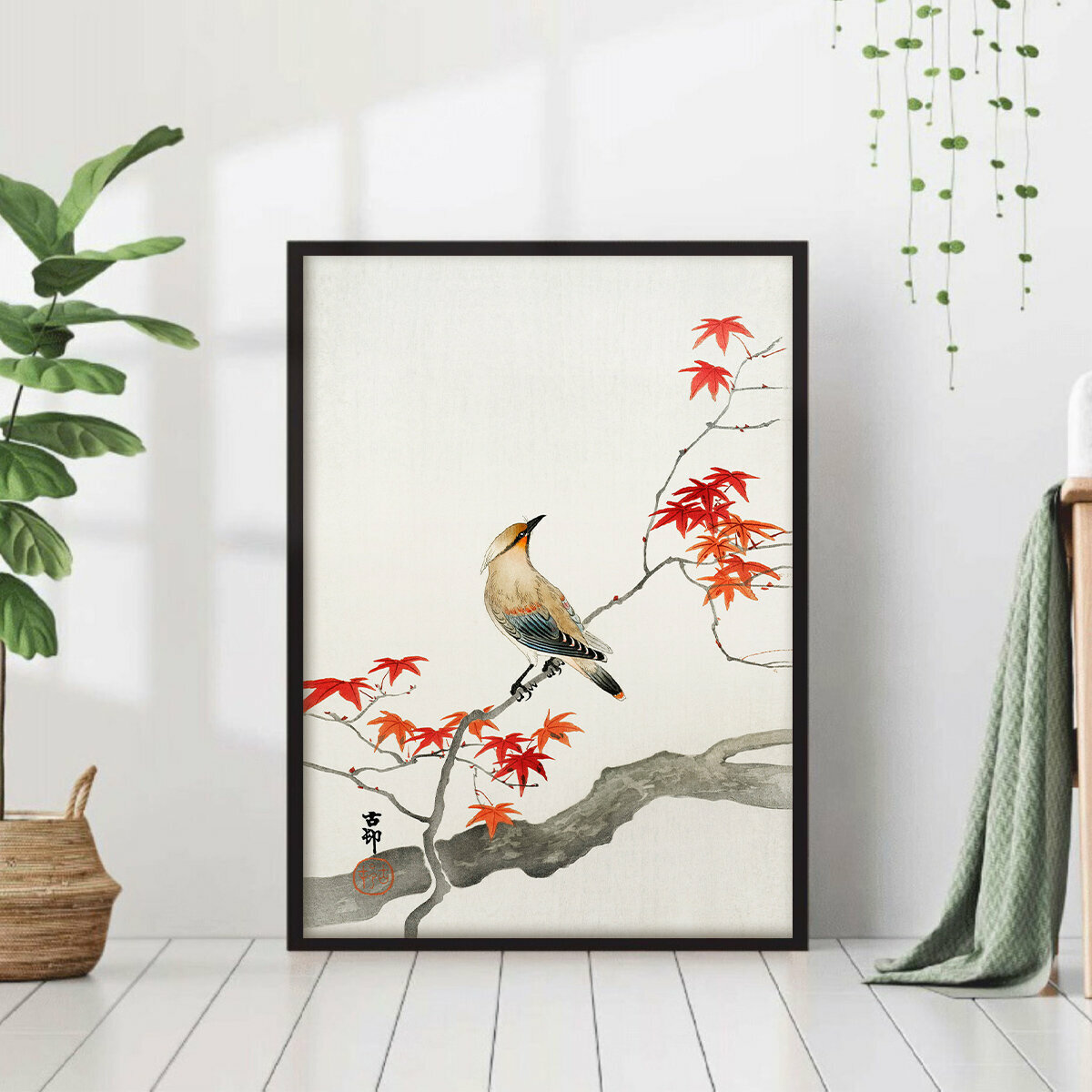 Постер "Птица на ветке живопись" в черной рамке 50x70 см для интерьера на стену
