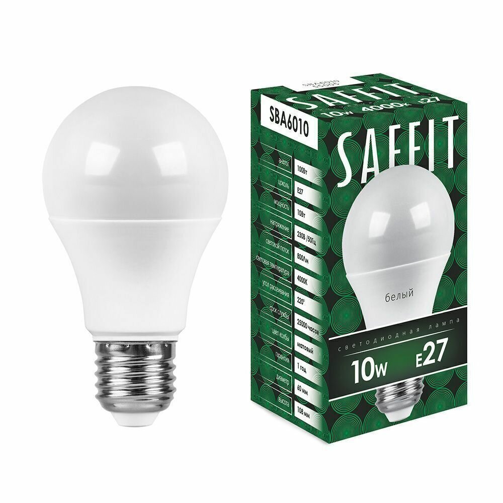 Лампа светодиодная E27 10W 4000K белый свет 1 шт Saffit SBA6010 55005