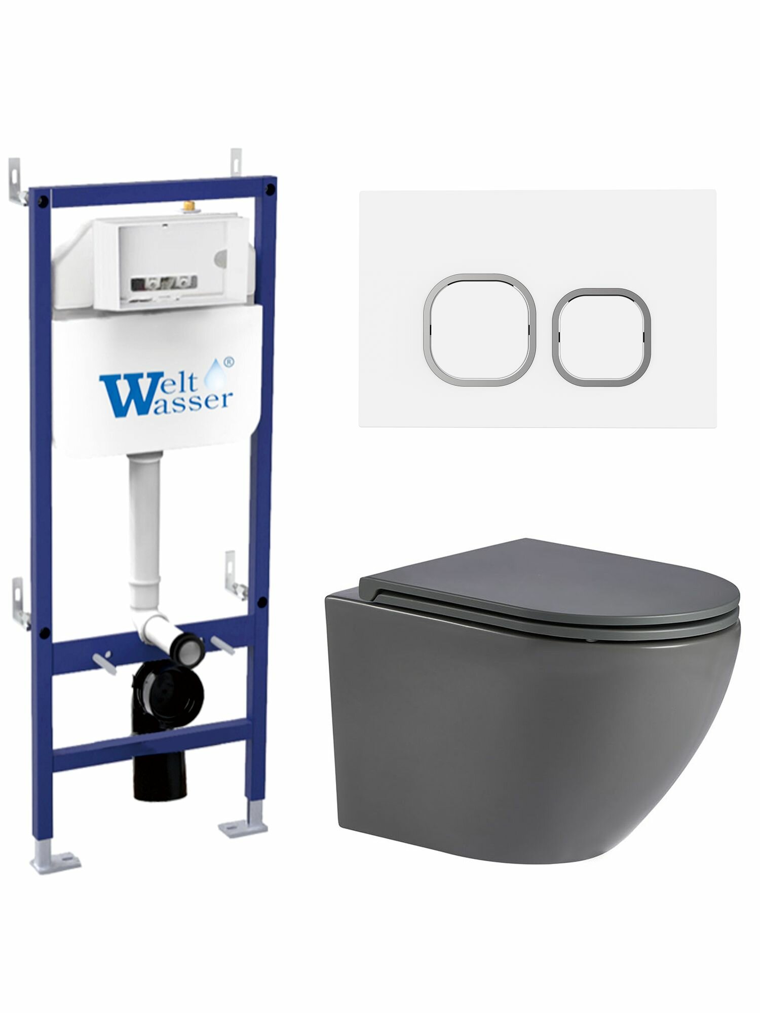 Комплект 6 в 1 WeltWasser: подвесной унитаз MERZBACH 043 MT-GR серый+кнопка смыва BAMBERG WT белый+инсталляция BAMBERG 460
